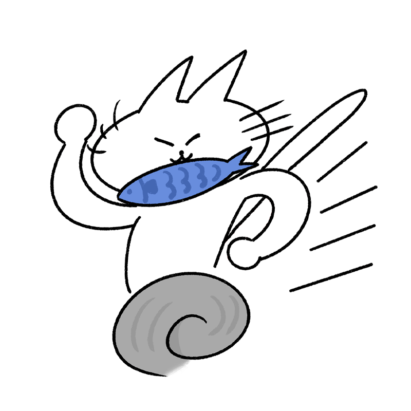 魚をくわえて逃げる白ネコのイラスト - ONWAイラスト